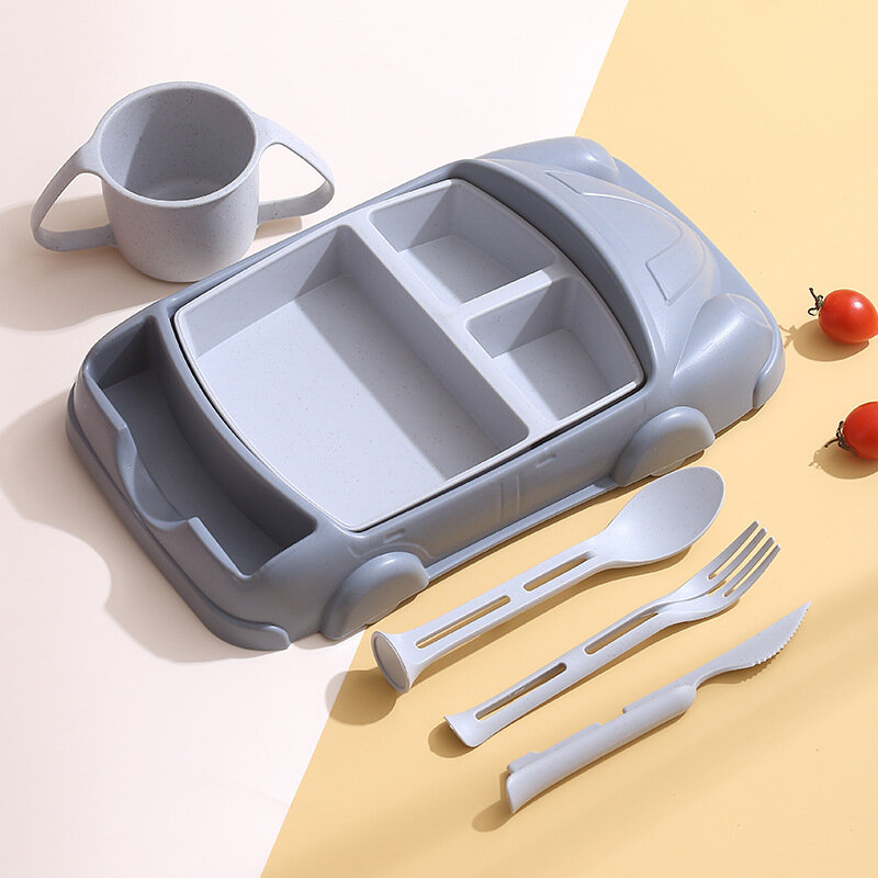 Набор детской посуды с тарелкой, ножом, вилкой, ложкой и чашкой - 6 предметов для детского сада, тарелка с разделителями в форме машинки, детская посуда с мультяшным рисунком для прикорма.