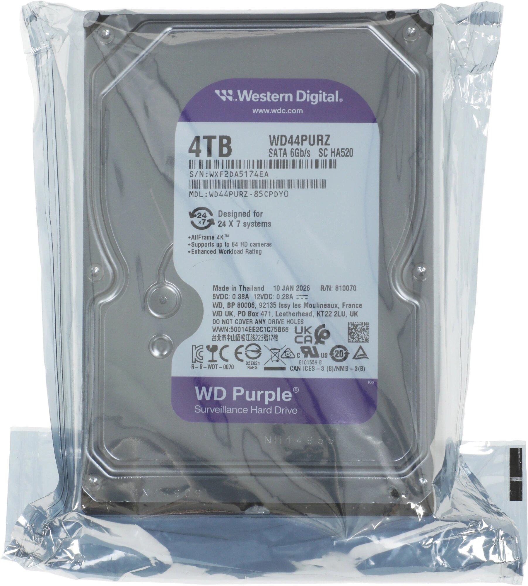 Жесткий диск WD SATA-III 4TB WD44PURZ Surveillance Purple (5400rpm) 128Mb 3.5"