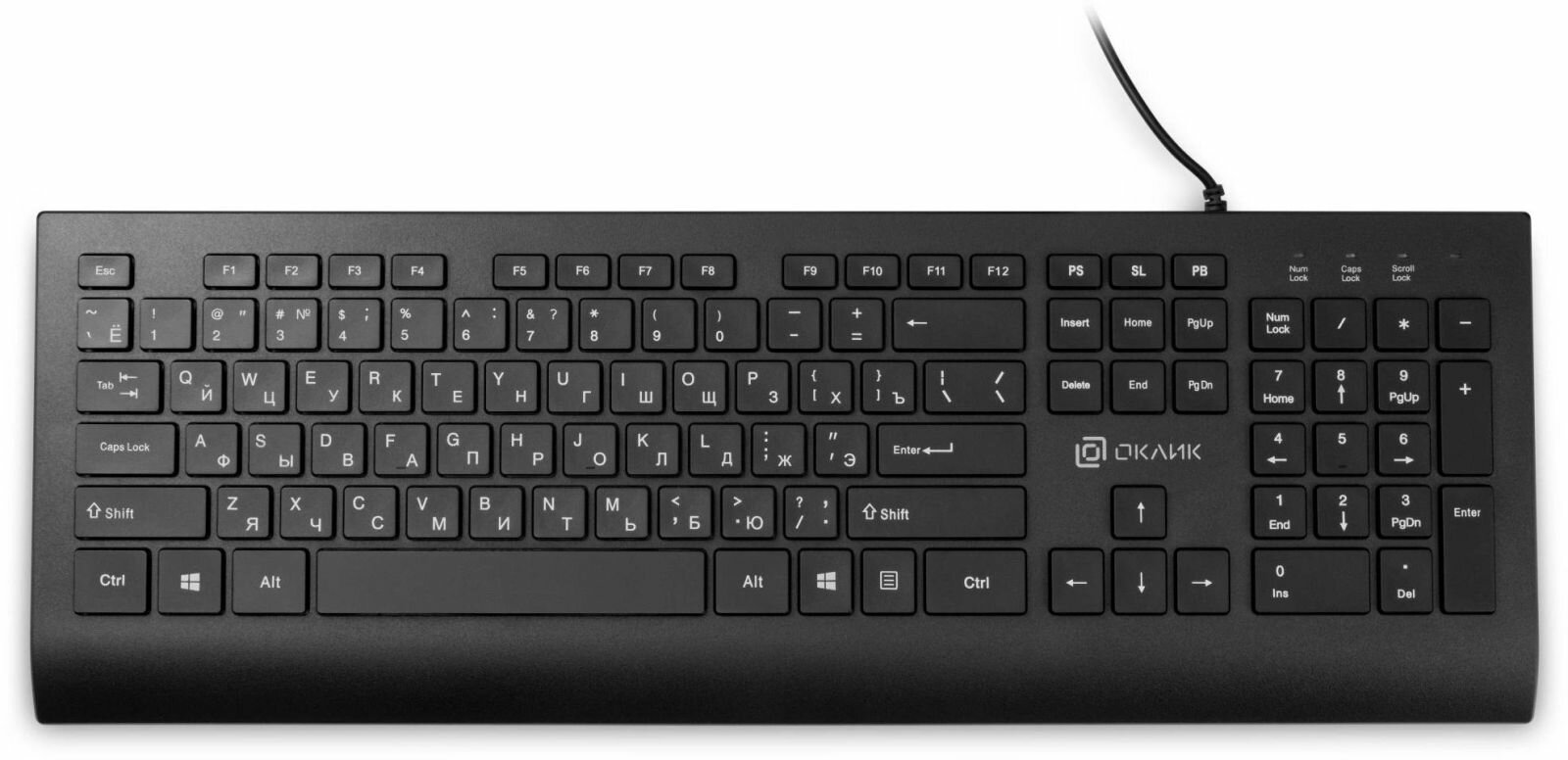 Клавиатура Oklick 155M, черная, USB, slim, подставка для запястий (1678057)
