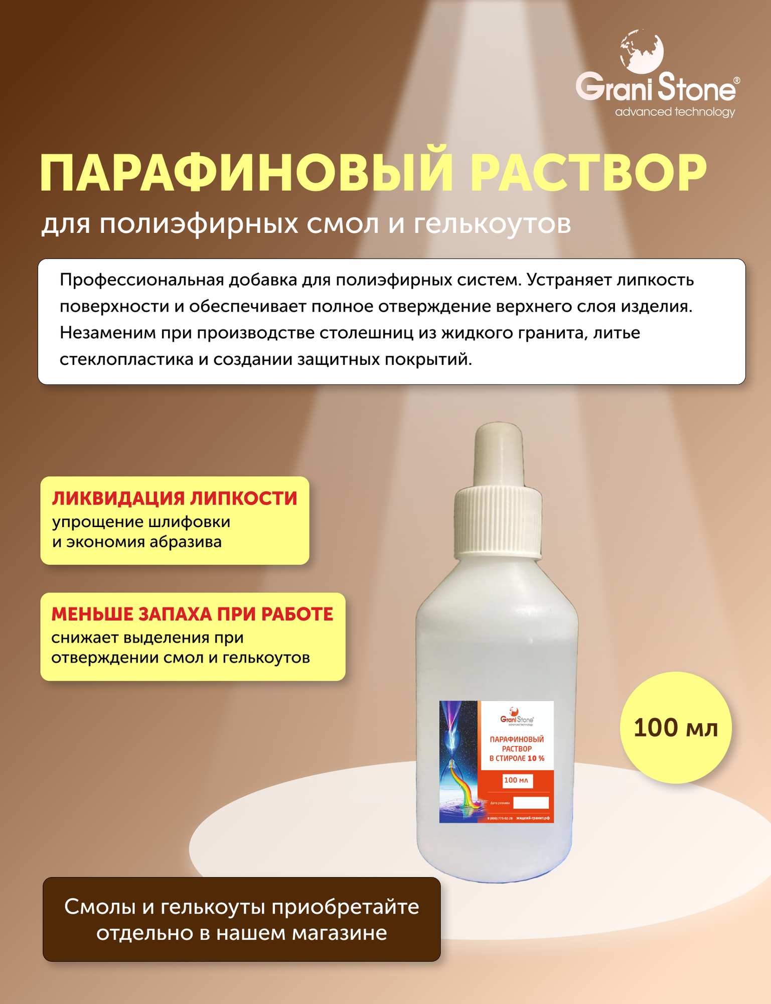 Парафиновый раствор для полиэфирных смол и гелькоутов, устранение липкости, добавка 10%, искусственный камень