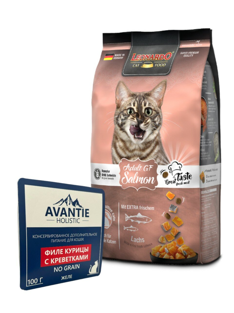 Leonardo Adult GF Сухой корм для кошек, Лосось 1.8кг + AVANTIE Влажный корм для кошек, филе Курицы с Креветками 100г