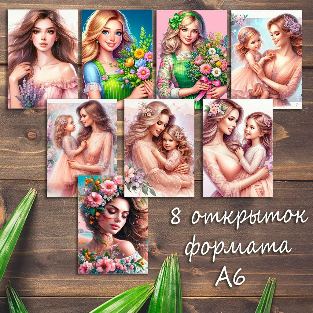 Большой набор открыток Девушки, 8 штук