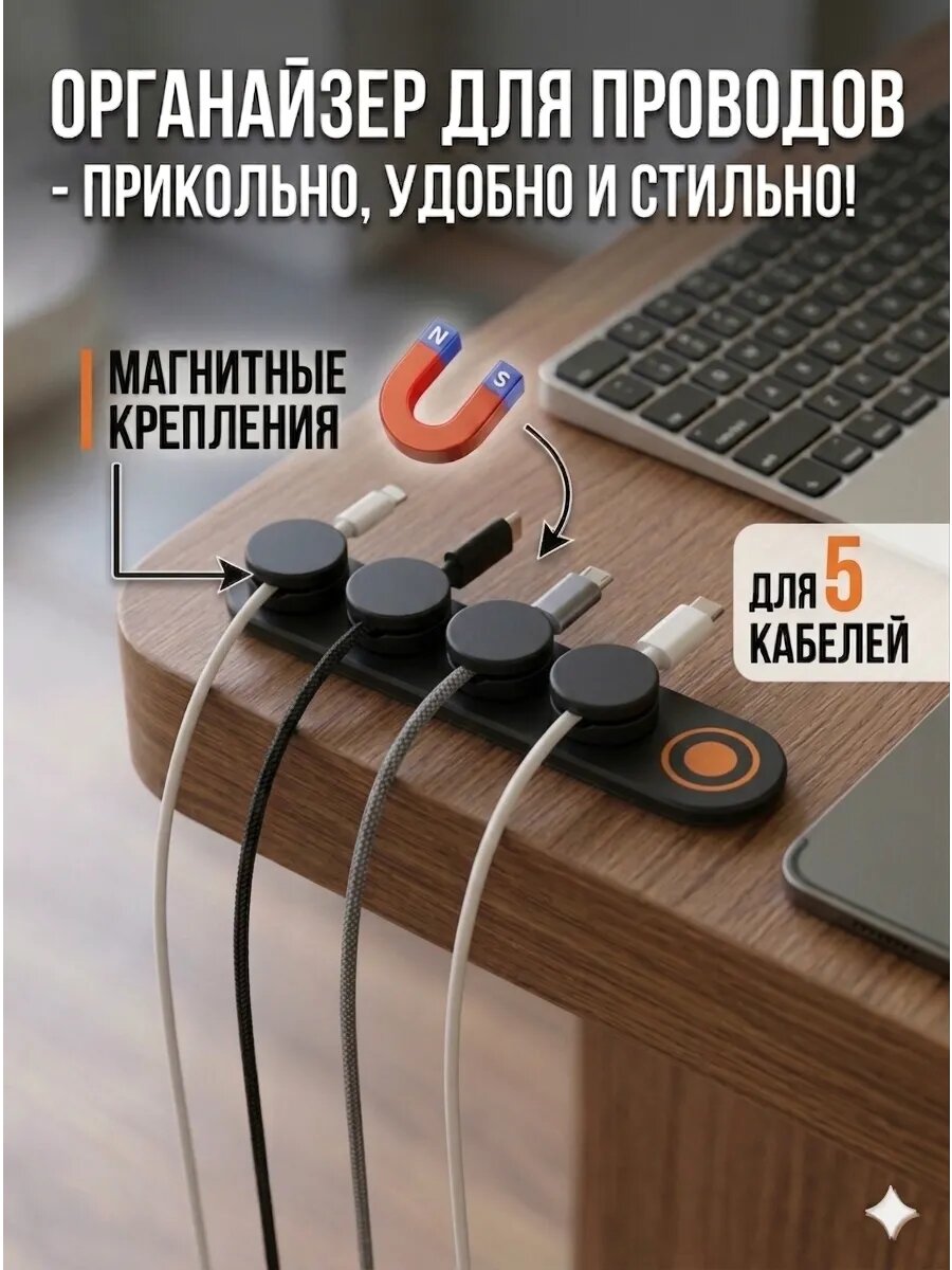 Органайзер Держатель для 5 проводов магнитный для кабеля на стол стену