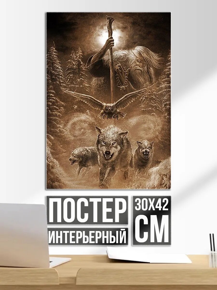 Плакат постер Волки и сова в лесу