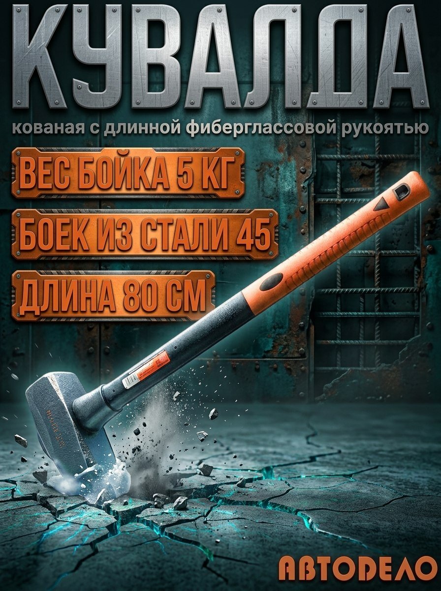 Кувалда 5 кг с фиберглассовой длинной ручкой "Автоdело" 30307