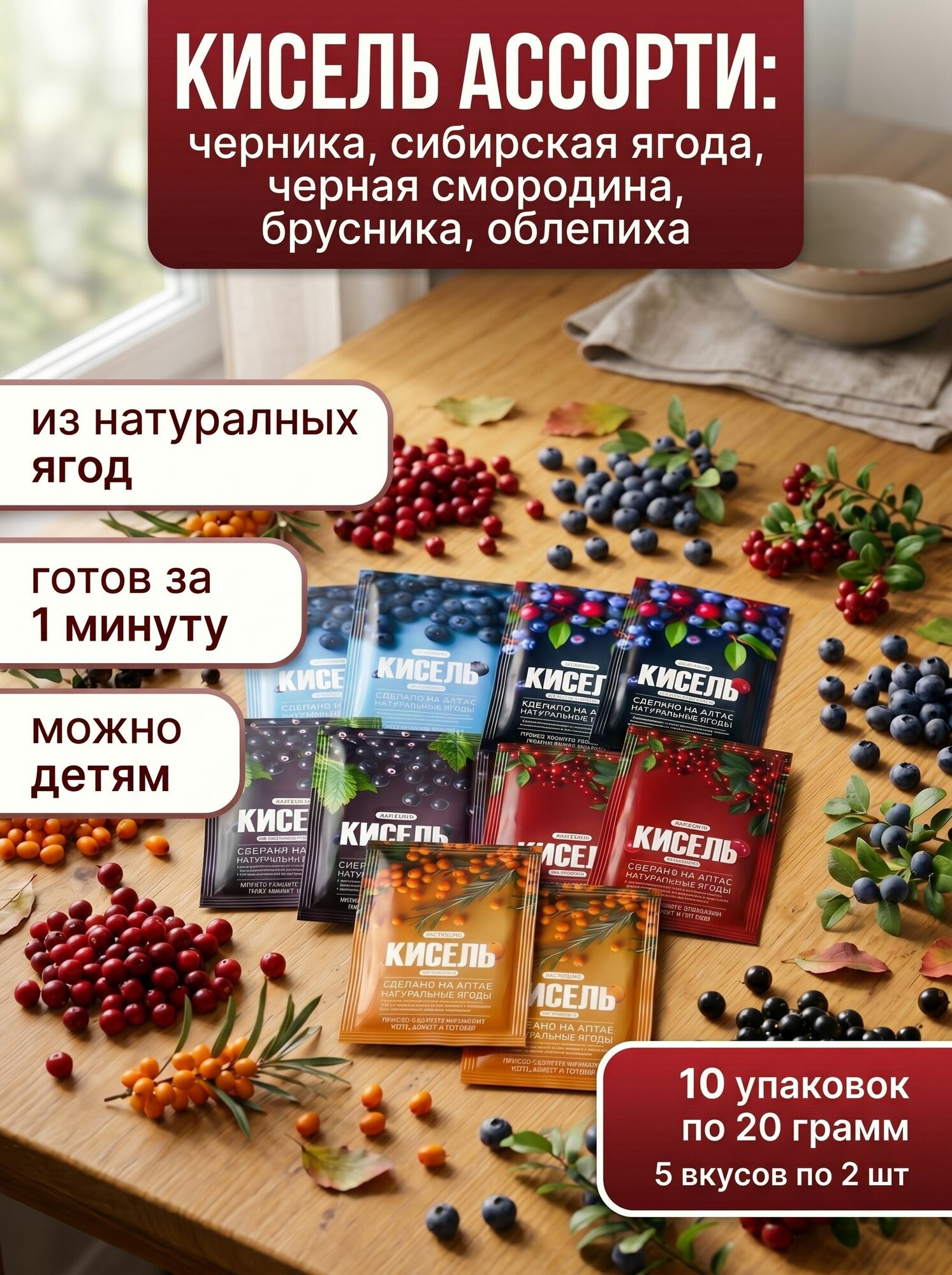 Кисель быстрорастворимый ассорти саше: черничный, сибирская ягода, черносмородиновый, брусничный, облепиховый