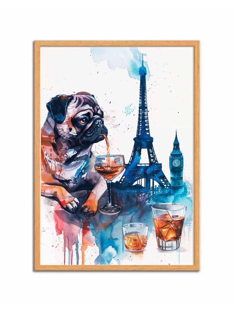 Мопс пьет Виски 5, Плакат 30x42см