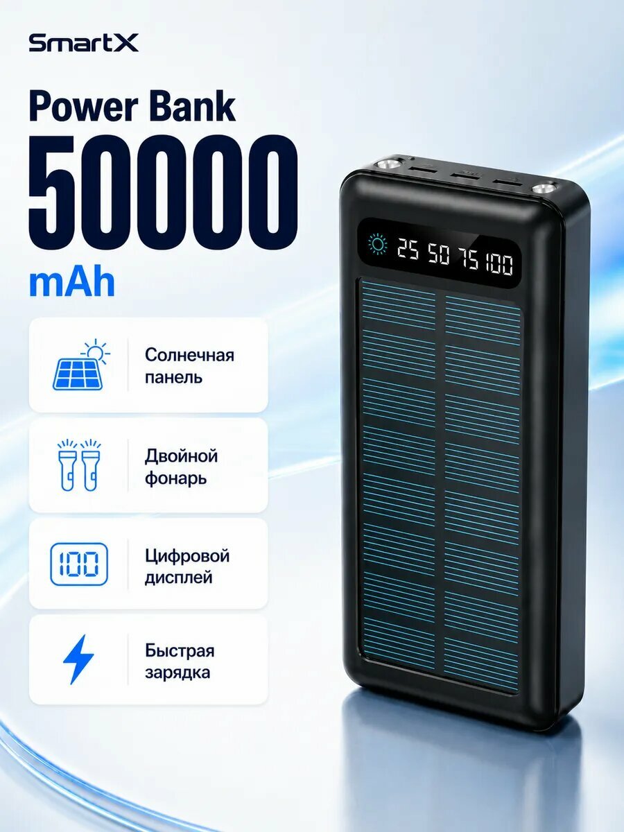 Power Bank 50000 mAh с солнечной панелью внешний аккумулятор