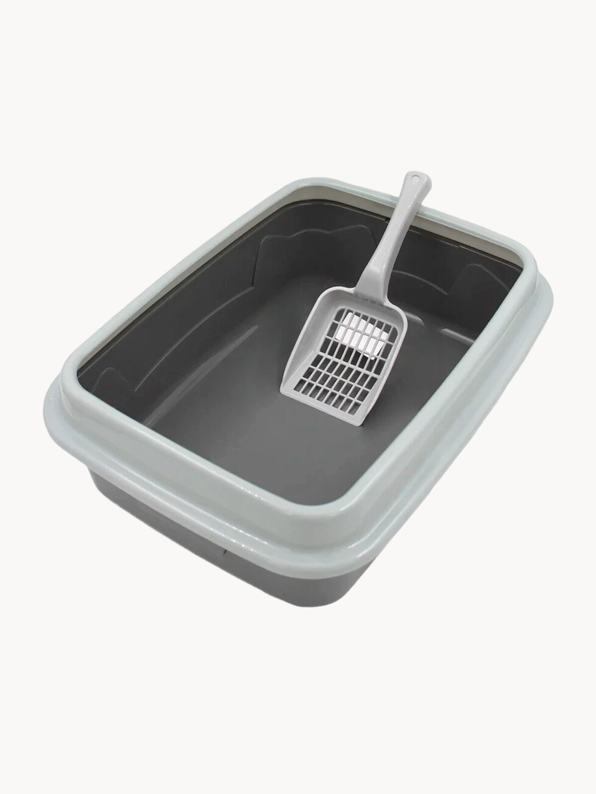 Лоток для кошек большой с высоким съемным бортиком и лопаткой, темно-серый