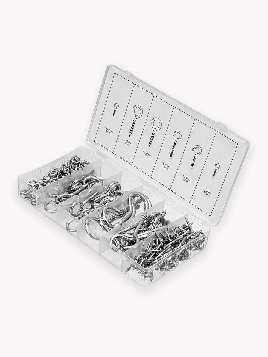 Набор крюков-саморезов Сибртех 2,5х25, 3х40, 5х65, 5х75, 6х45, 6х50 мм, 151 предметов 47611