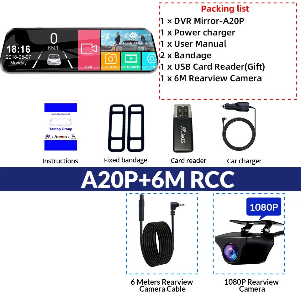 E-ACE 10-дюймовый автомобильный видеорегистратор с зеркалом, видеорегистратор 1080P, сенсорный экран, видеорегистратор для автомобиля, объектив AHD, потоковое видеорегистратор для вождения, видеорегистратор, With 6M RCC, 128G