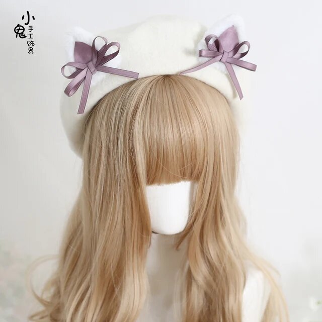 Женская шерстяная берета с бантом кошачьими ушками