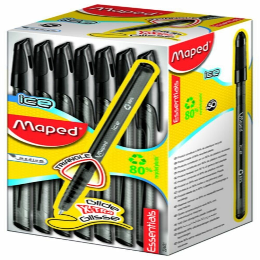 Ручка шар. MAPED GREEN ICE 0,6мм, треуг. полупрозр. корп. под карбон, чёрная. Комплект из 50 ручек