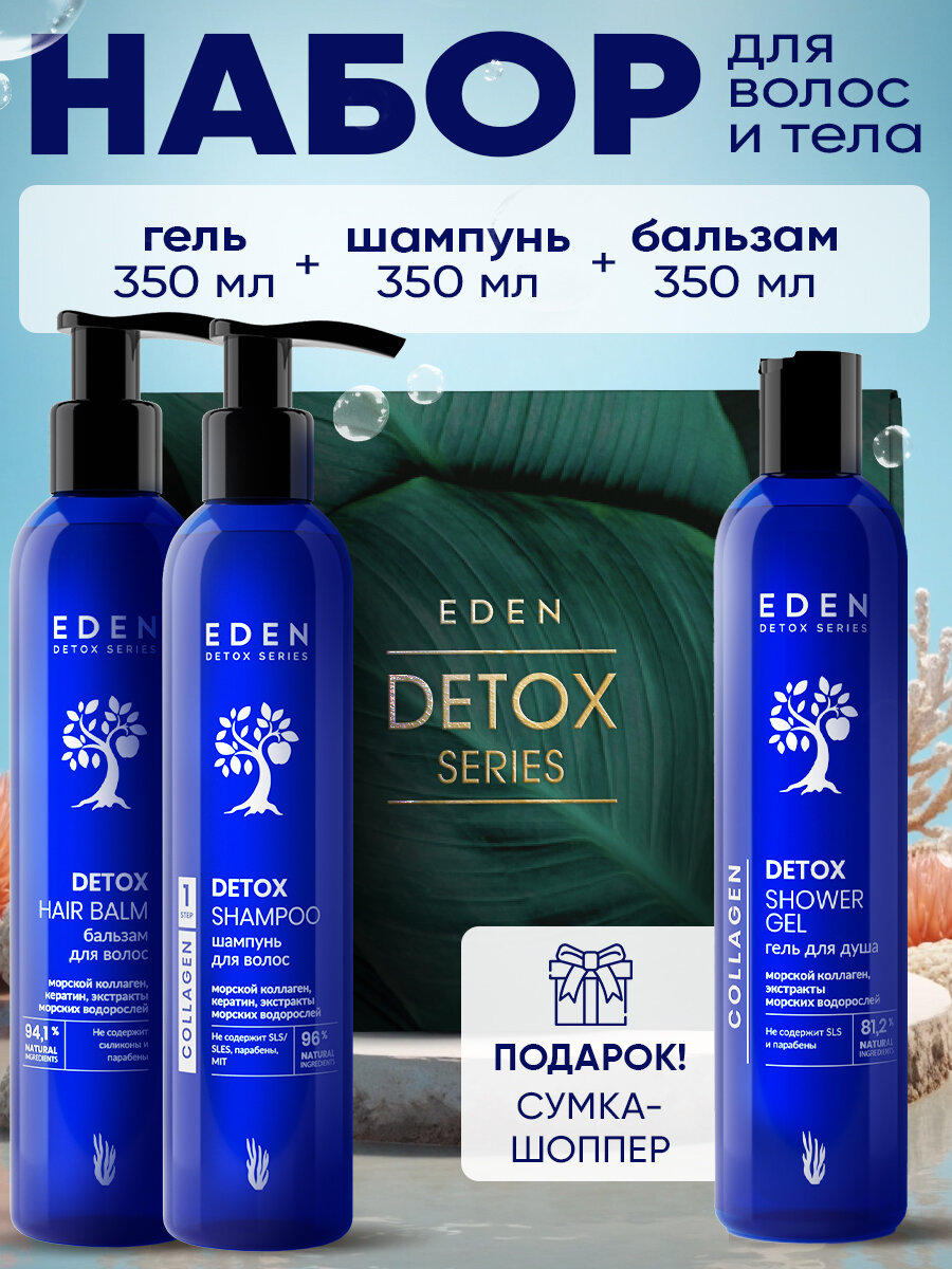 Набор подарочный женский EDEN DETOX Collagen шампунь, бальзам, гель для душа
