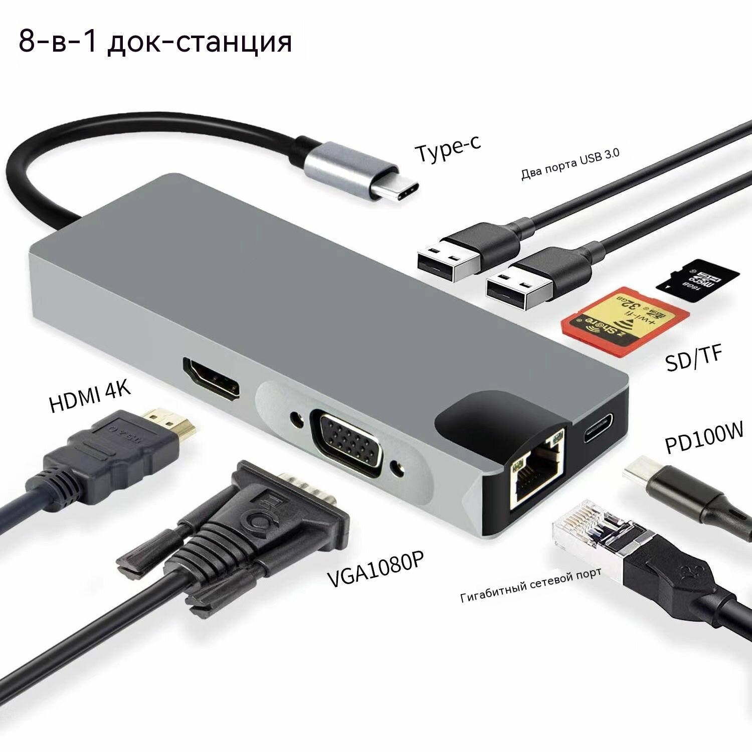USB Концентратор на 8 портов: USB, VGA1080P, HDMI, microSD, SD, Ethernet1000M. Разветвитель, хаб, картридер для ноутбука.