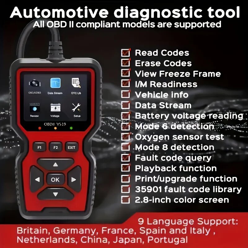Портативный Диагностический Сканер OBD2 V519 С Функцией Проверки Данных В Реальном Времени, Тестирования Аккумулятора