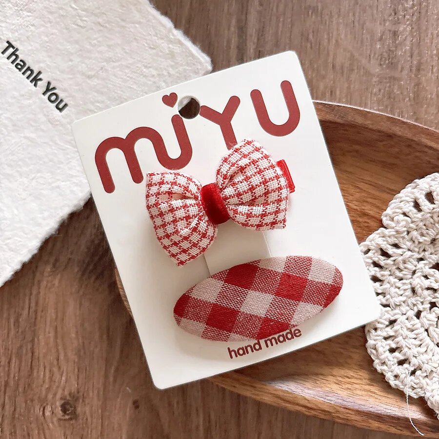 Корейские тканевые заколки с красным бантом для девочек 4-Cotton Filled