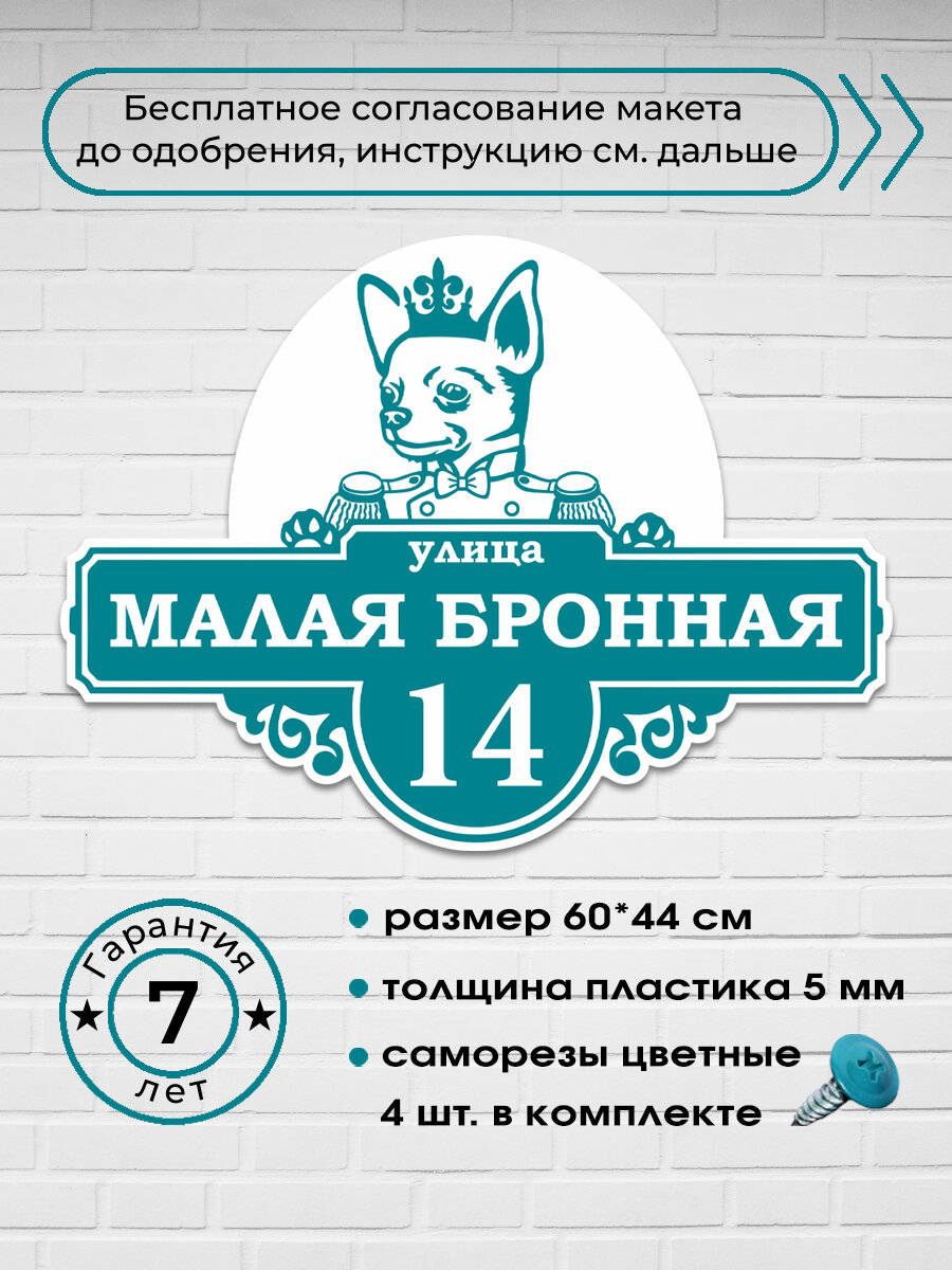 Адресная табличка на дом с собакой чихуахуа в короне, бирюзовая, 60х44 см.