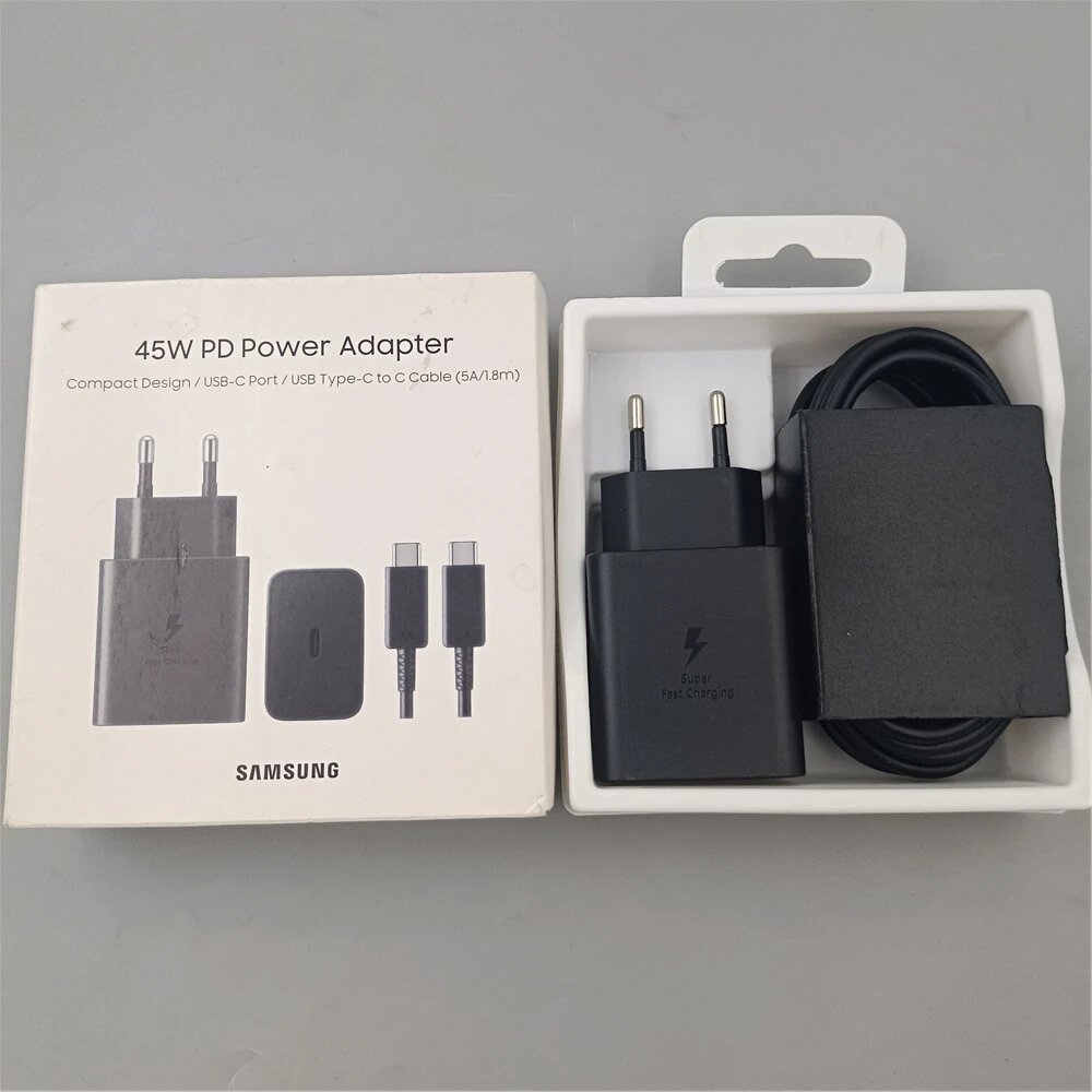 Samsung 45 Вт, ЕС, США, Великобритания, вилка GaN, супербыстрое зарядное устройство EP-T4510, PD-адаптер, кабель USB-C к типа C 1,8 м для Galaxy S25 S24 FE S23 Ultra EU Set