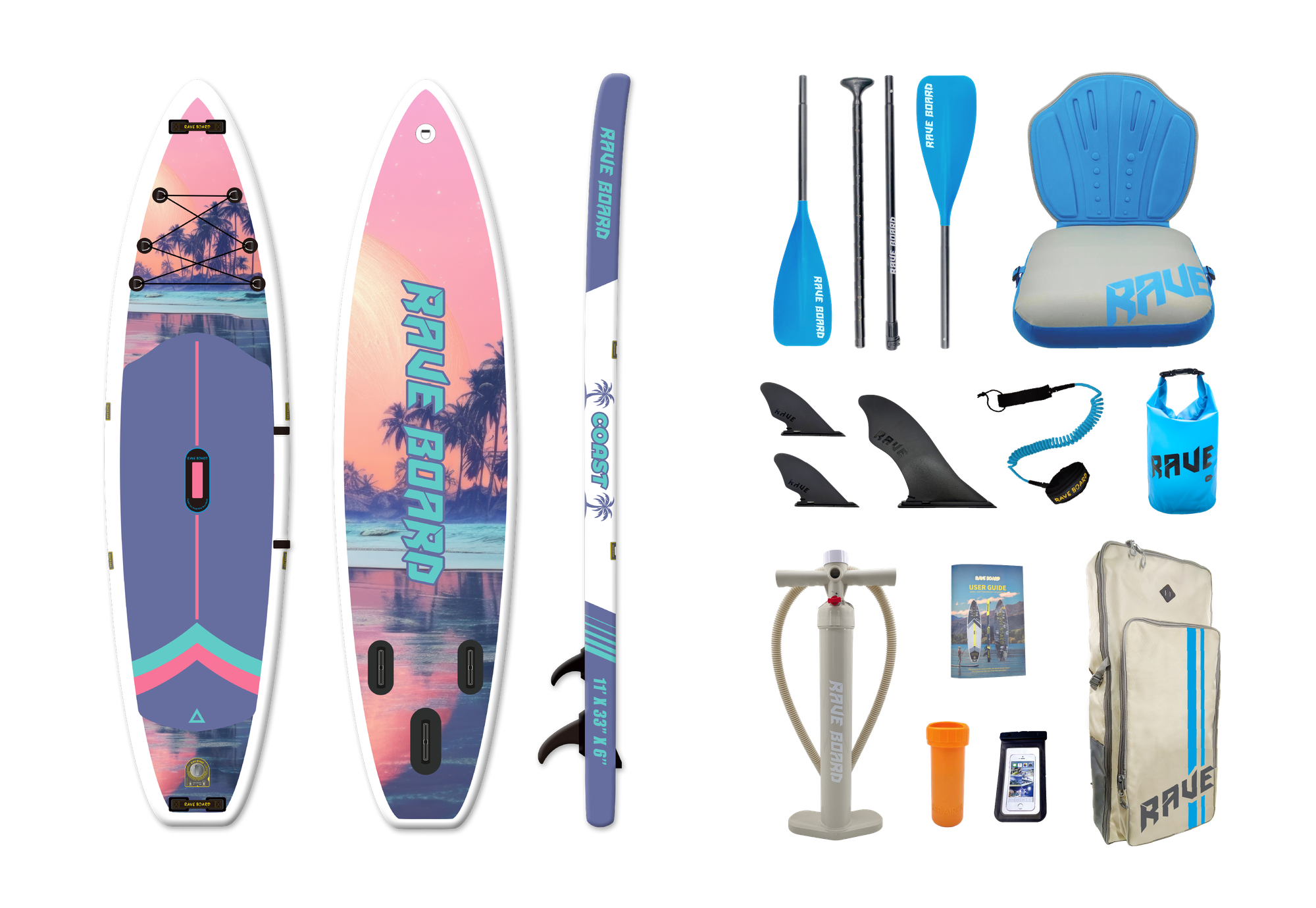 Надувная SUP-доска (сапборд) Rave Board Coast 335x83x15 cm, полный комплект