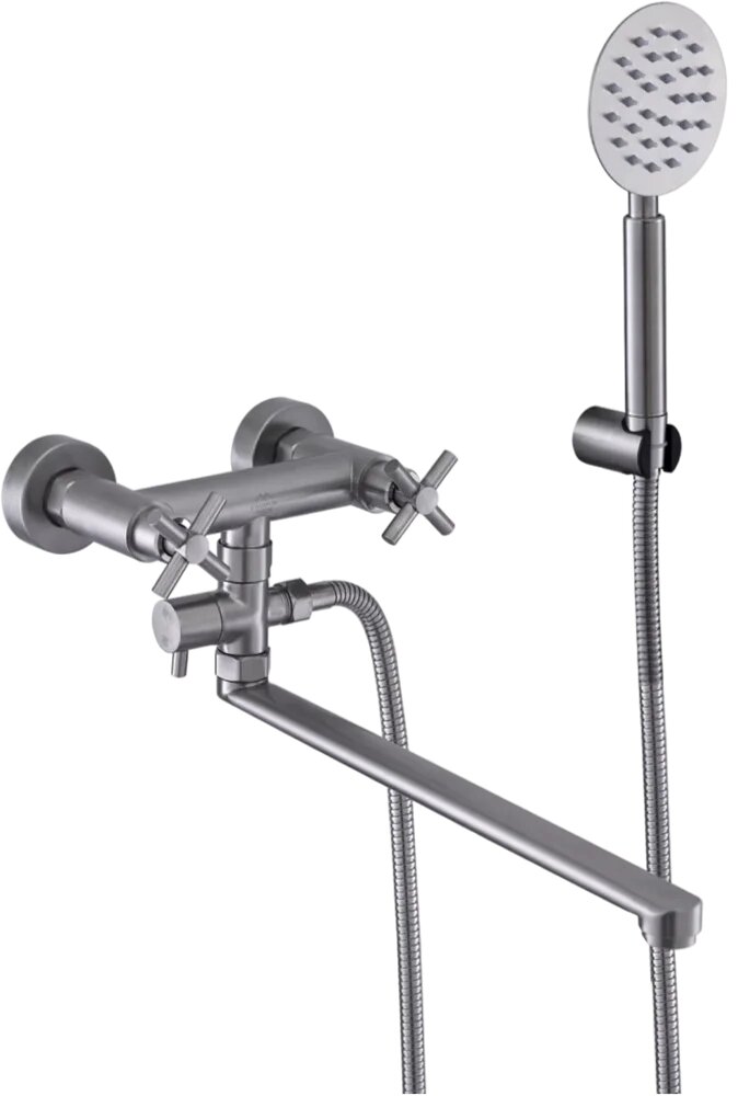 Смеситель с длинным изливом для ванны Fashun A52228 с душевым гарнитуром, поворотный, из нержавеющей стали, сталь, матовый, смеситель для ванны с душем, вентильный, с настенным держателем