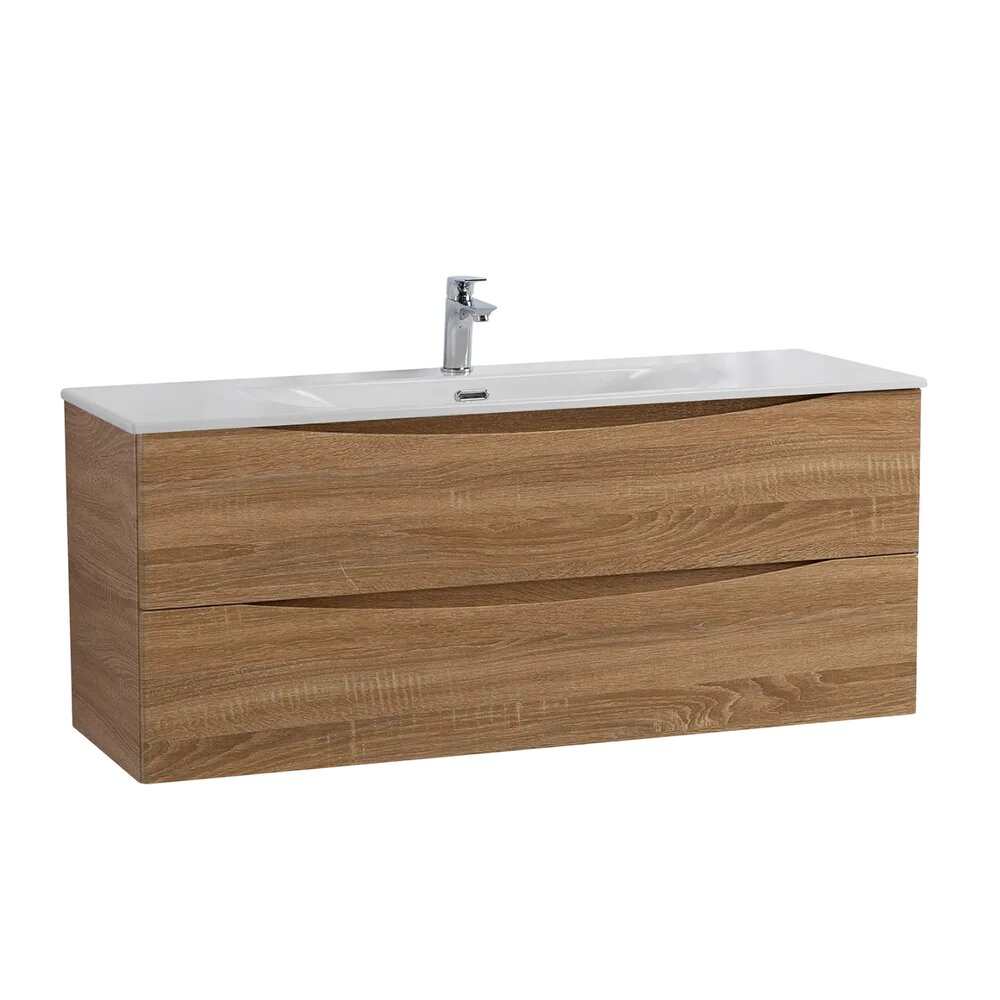 Тумба с раковиной BelBagno Marino-cer-n 120 подвесная, 121 см, светлое дерево, матовая, из МДФ, с ящиками, раковина для ванной фаянсовая, прямоугольная, встроенный слив-перелив