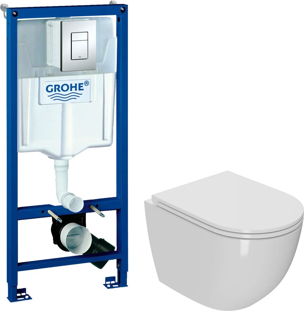 Комплект 2 в 1 Унитаз подвесной Bauedge Bau Dream Hurricane-2 с микролифтом, безободковый, белый / Инсталляция с кнопкой Grohe Rapid SL 38772001 цвет хром