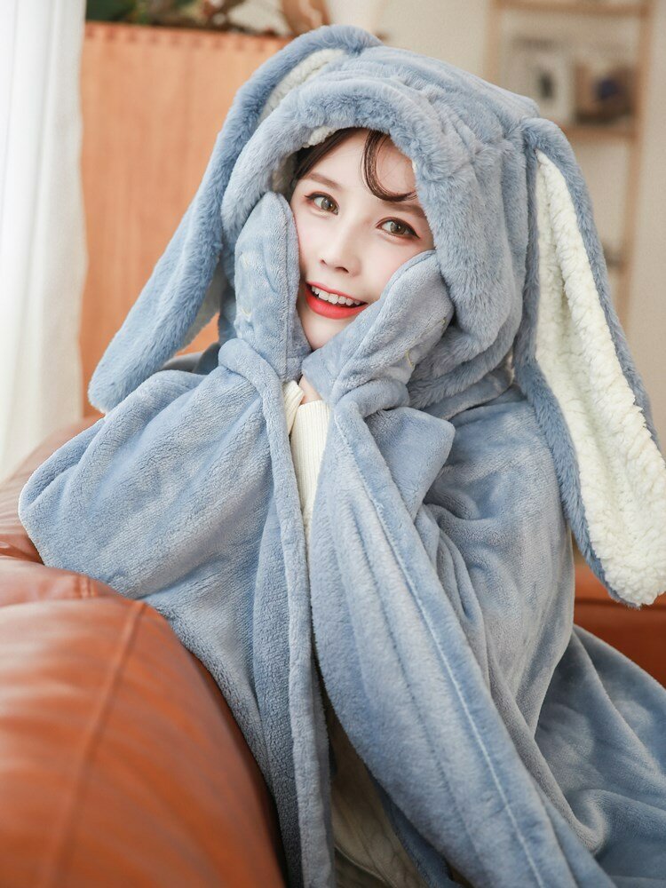 Милая кроличья шаль, теплый плащ-одеяло, плащ с капюшоном, синий, 115x150 cm