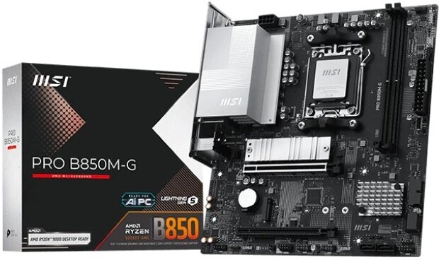 Материнская плата MSI PRO B850M-G, AM5, AMD B850, 2xDDR5, 4xSATA, 2xM.2, 1xPCIe 5.0 x16, 1xPCIe 4.0 x4, 1xDP, 1xHDMI, 1x5Gb LAN, 1xUSB-C 5Gbps, 3xUSB-A 5Gbps, 2xUSB-A 2.0, 3x3.5 мм, 7.1, mATX