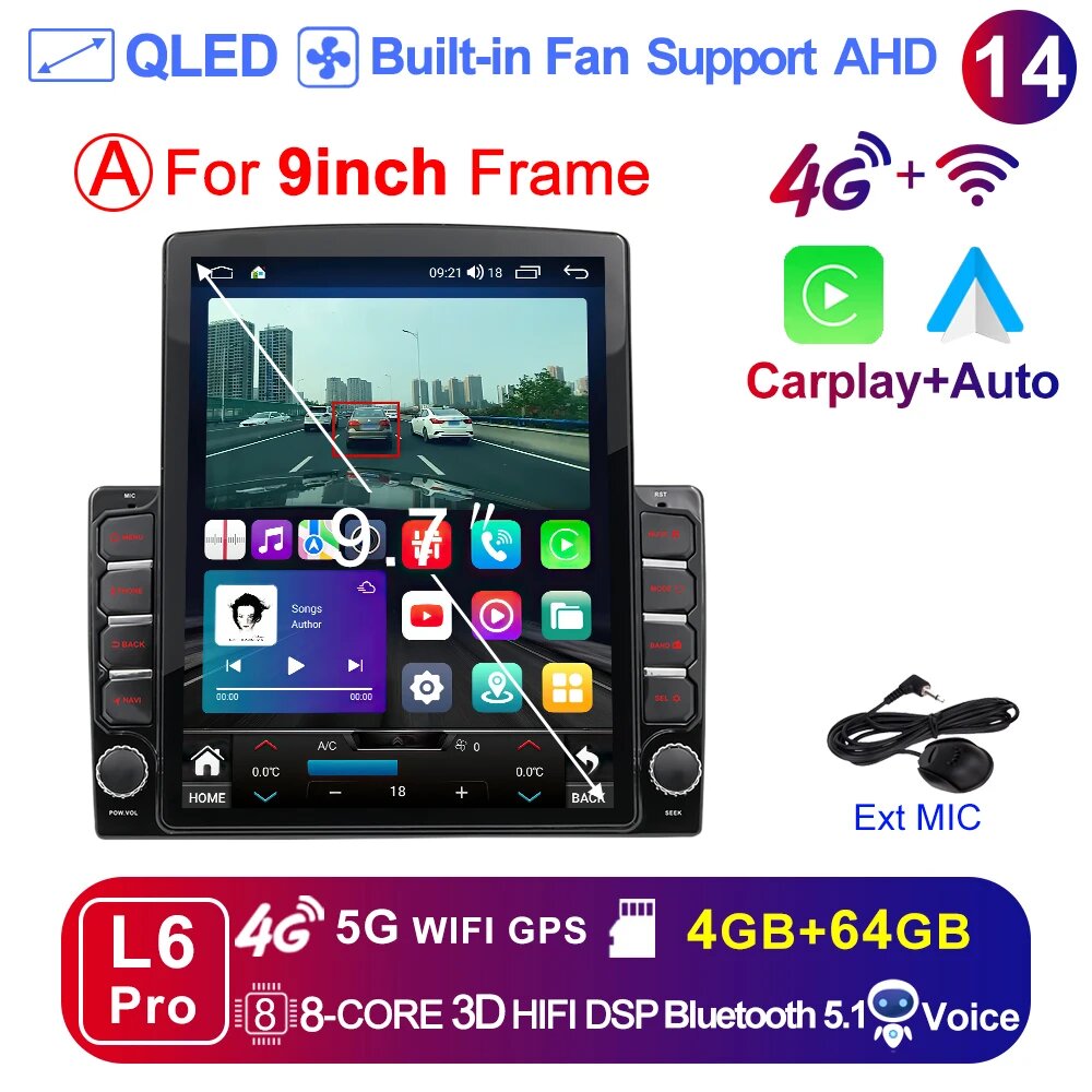 LEHX L6Pro 4G LTE Carplay Android 14, автомагнитола, мультимедиа для Tesla Style, 9,7 дюйма, KIA, VW Nissan LADA, Toyota, GPS, стерео A-L6 Pro(4-64GB)-0