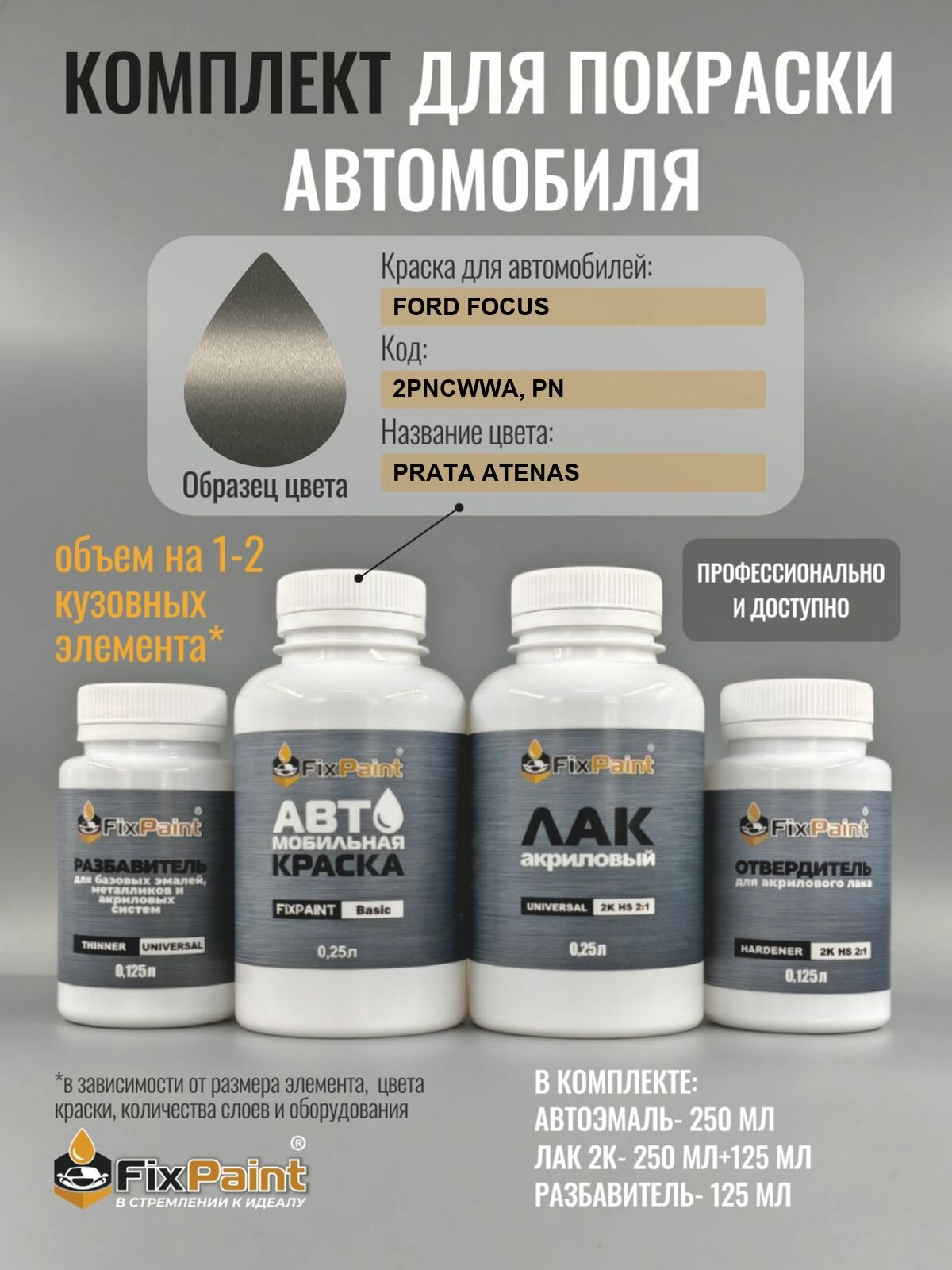 Комплект для покраски FORD FOCUS, код 2PNCWWA, PN, PRATA ATENAS, базовая автомобильная эмаль 250 мл, лак 2K 250 мл с отвердителем, разбавитель 125 мл, FixPaint Pro