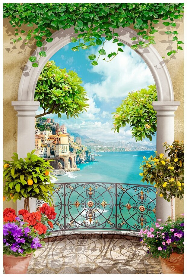 Флизелиновые фотообои Уютная стена "Арка с видом на лазурный берег" 180х270 см с текстурой Песок