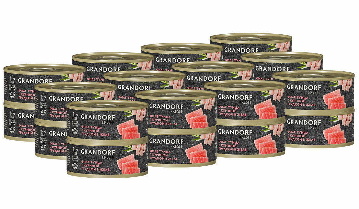 Корм влажный Grandorf Fresh для кошек с филе тунца и куриной грудкой в желе, 70 г х 24 шт