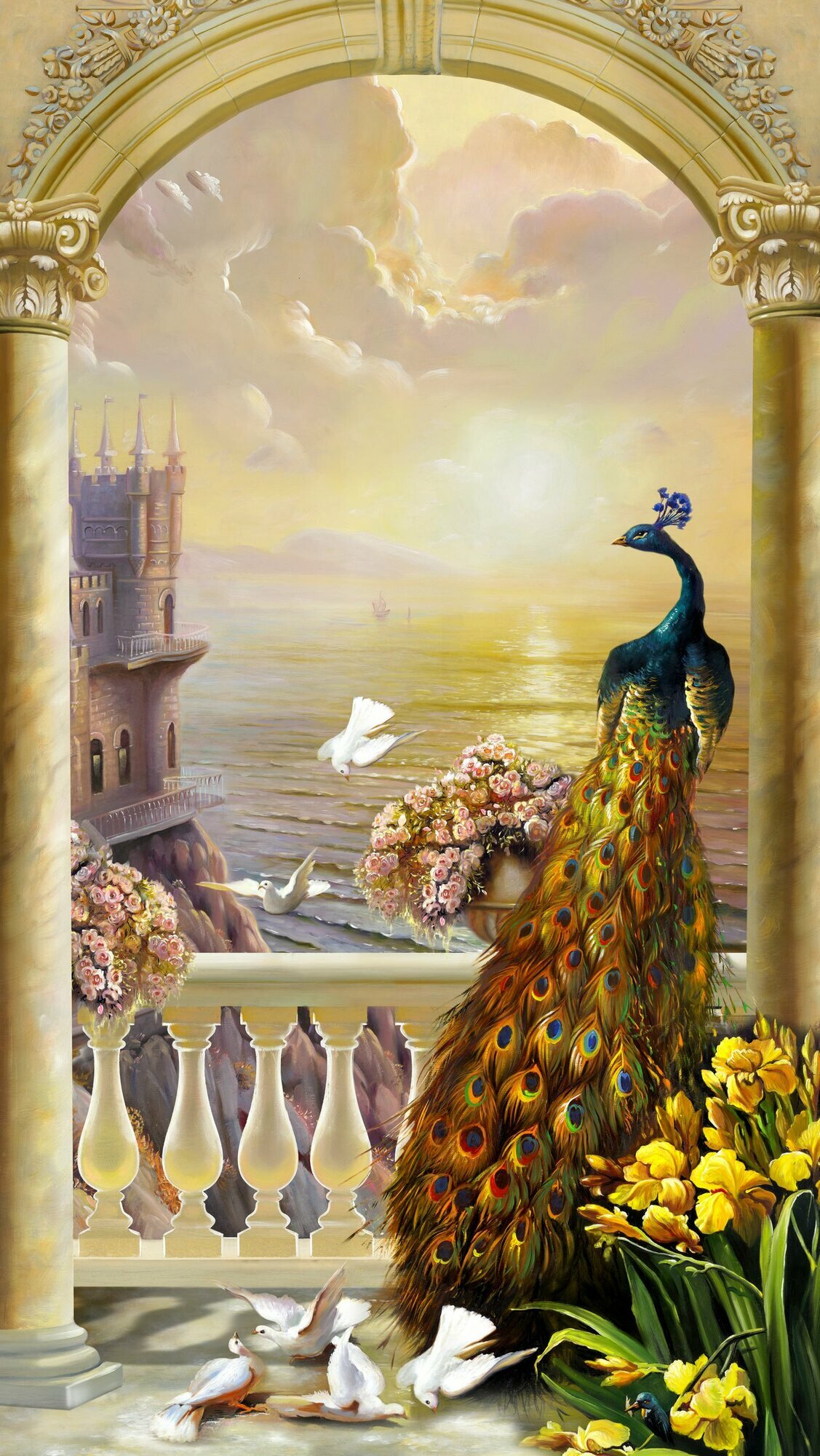 Фотообои Уютная стена "Балкон с павлином и голубями" 150х270 см Виниловые Бесшовные (единым полотном)