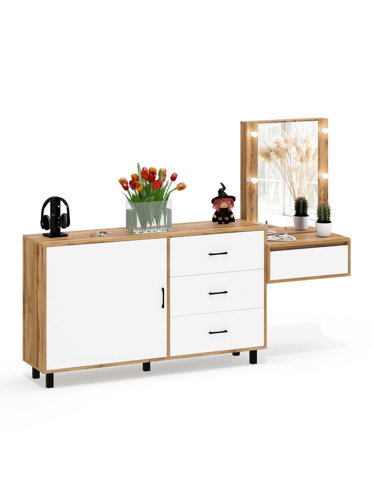 Стол косметический навесной с подсветкой и комод 122-1504, дуб вотан/белый, 211х38,4х150 см.