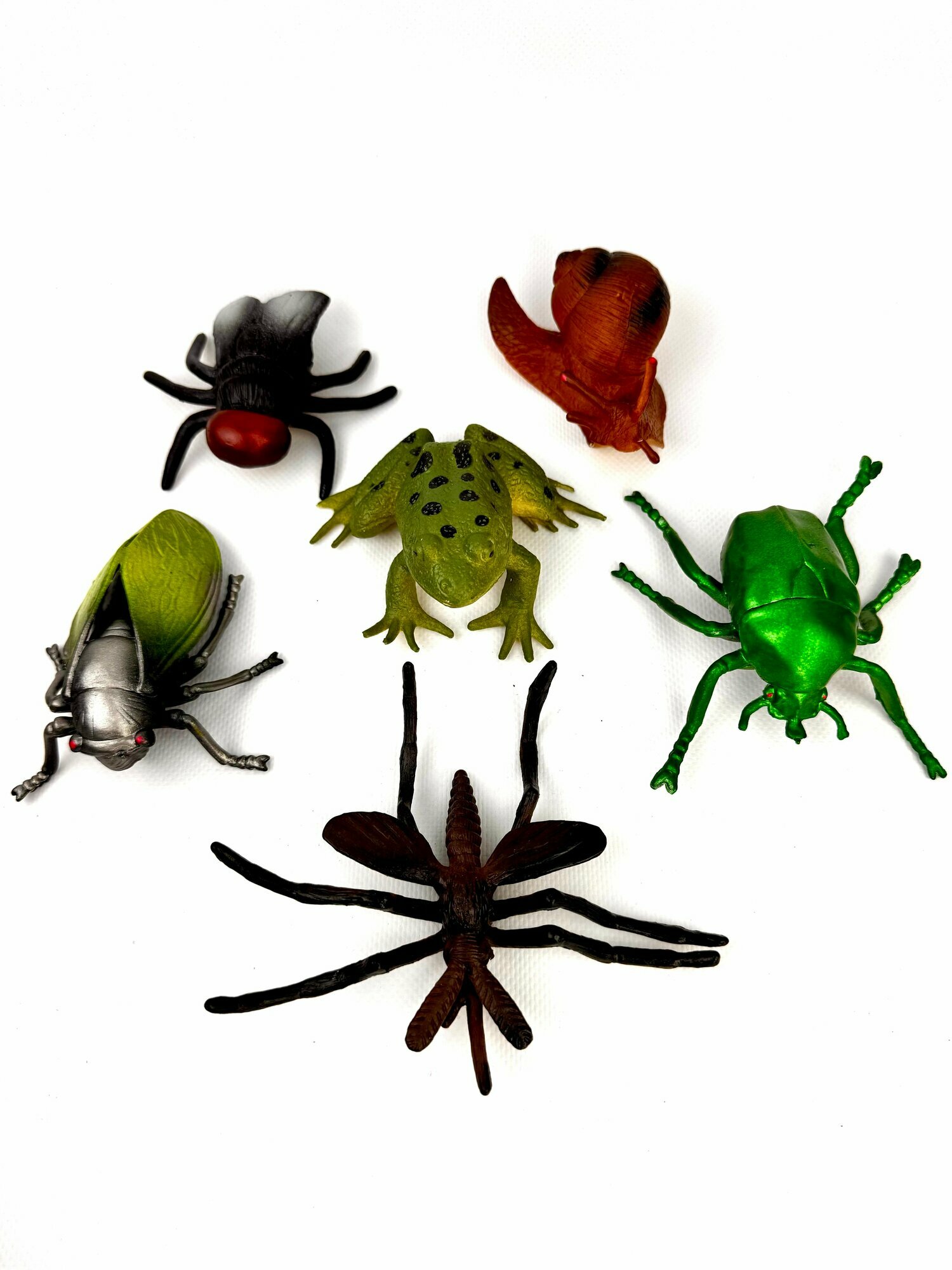 Набор больших фигурок насекомых 10-14см 6шт Муха Бронзовка Улитка Лягушка Муха Комар