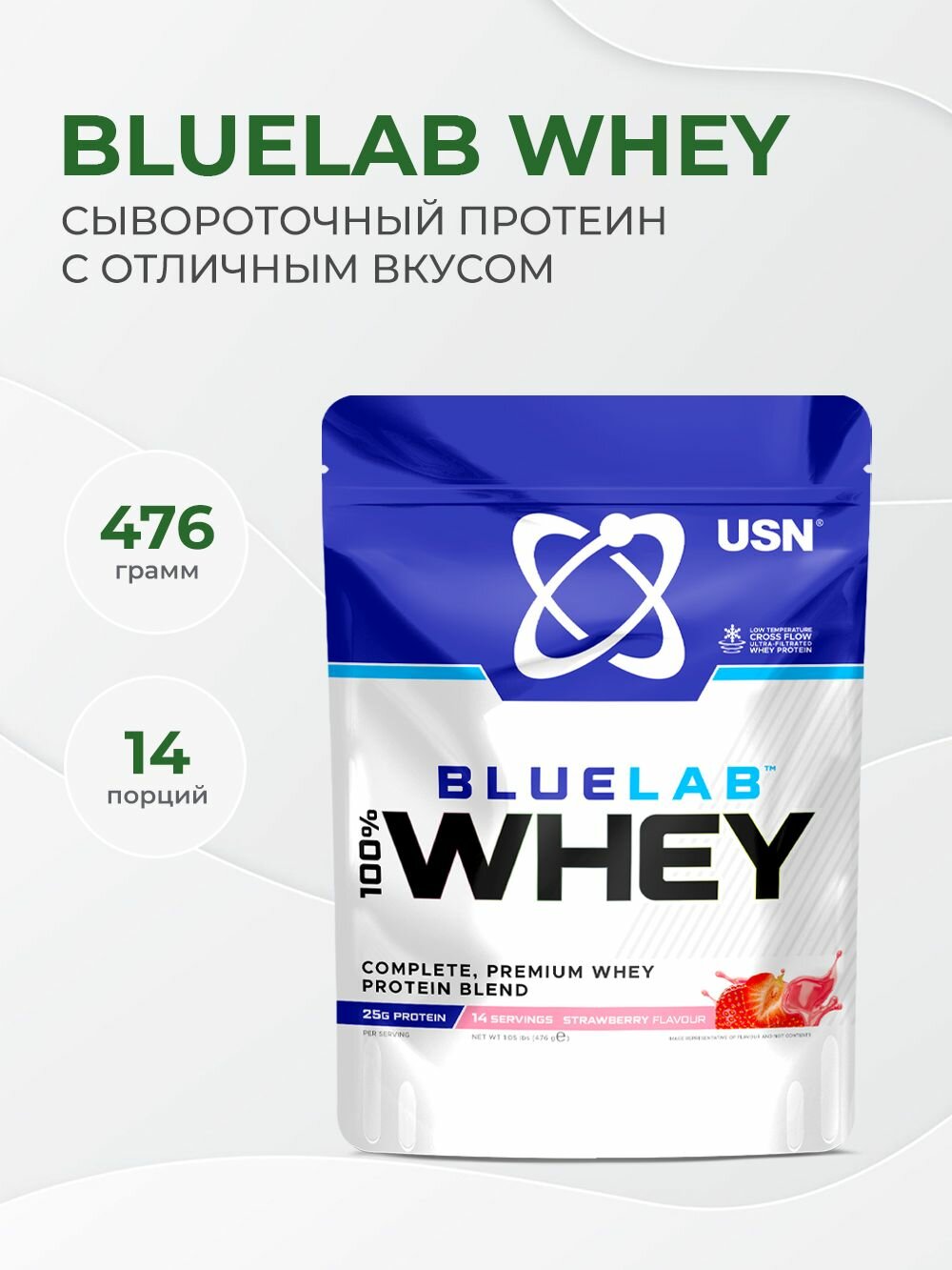 USN BlueLab 100% Whey 476 грамм, Сывороточный протеин, Клубника