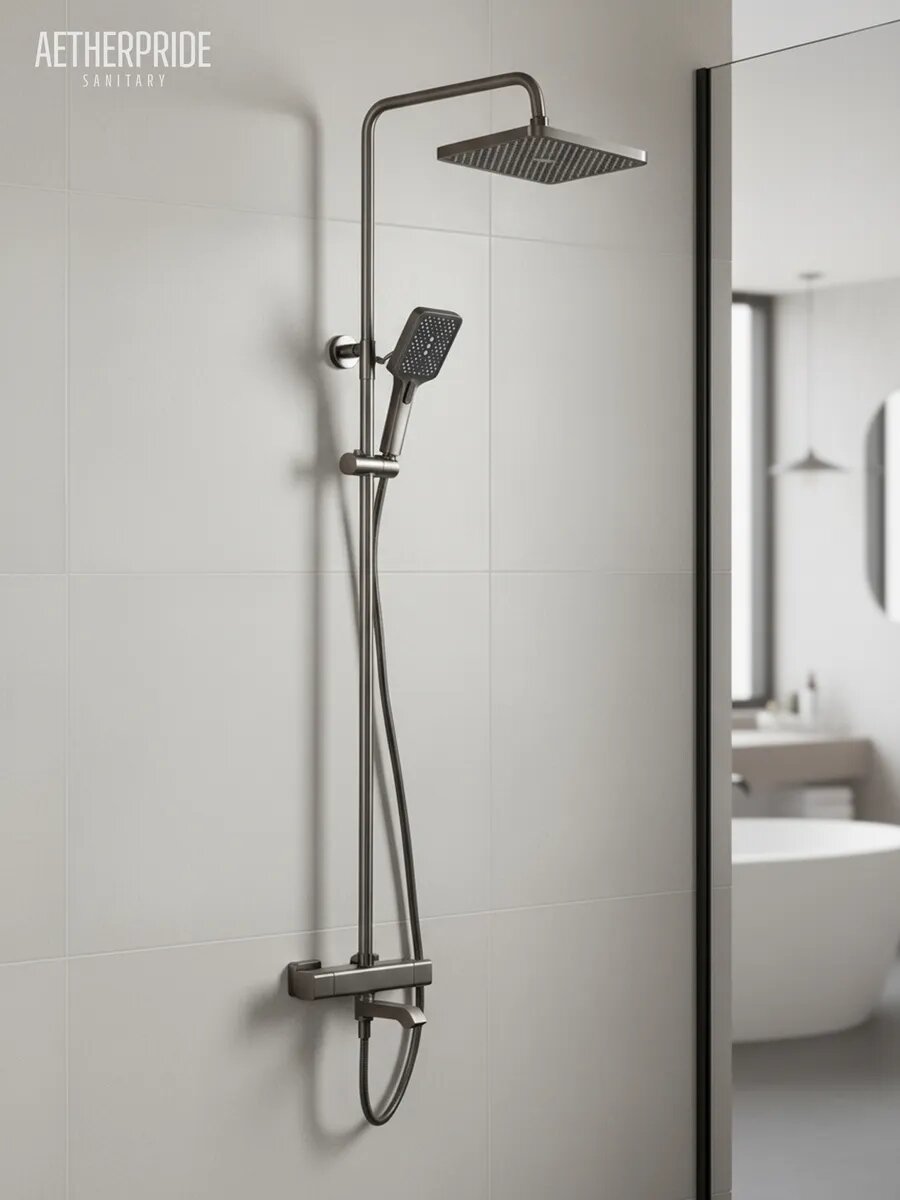 Душевая стойка с тропическим душем и термостатом сталь