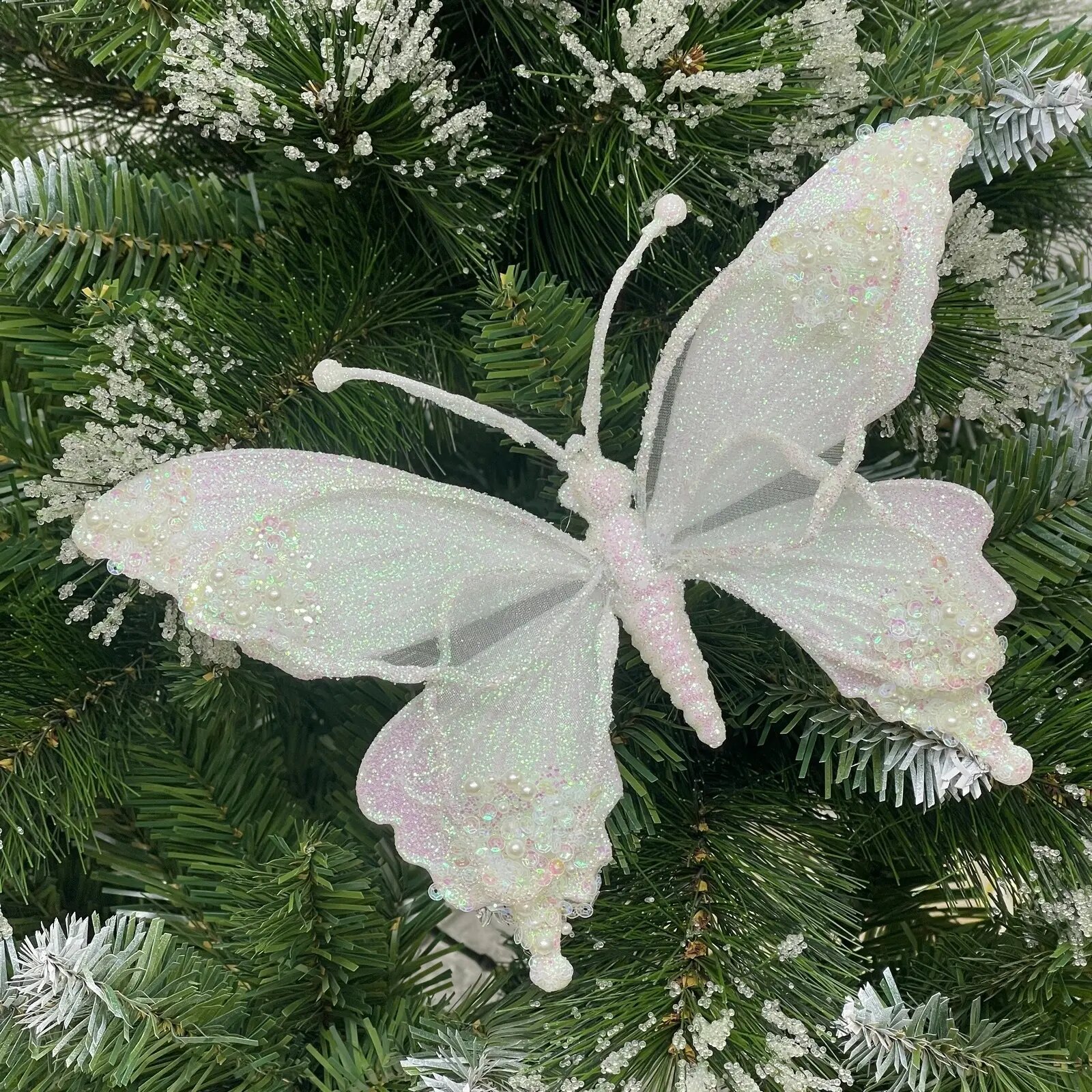 Украшение новогоднее "Бабочка — изящный полет", серебристый глиттер, текстиль, 24.5х9х17см