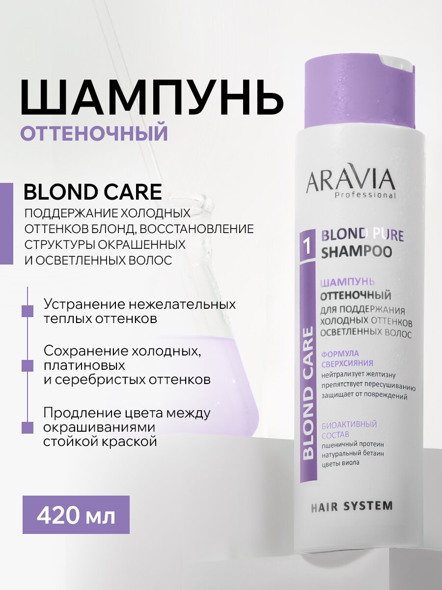 ARAVIA Шампунь оттеночный для поддержания холодных оттенков осветленных волос Blond Pure Shampoo, 420 мл