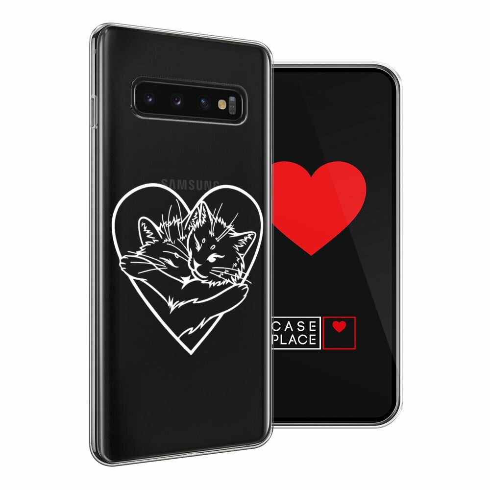 Чехол на Samsung Galaxy S10 / Самсунг Галакси S10 с принтом "Влюблённые котики рисунок 2 - 14 февраля", прозрачный — фото 1