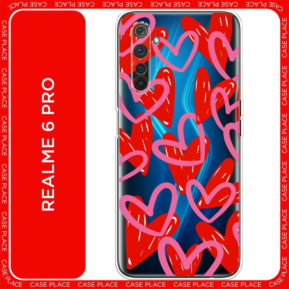 Чехол на Realme 6 Pro / Реалми 6 Про с принтом "Hearts doodles - 14 февраля", прозрачный