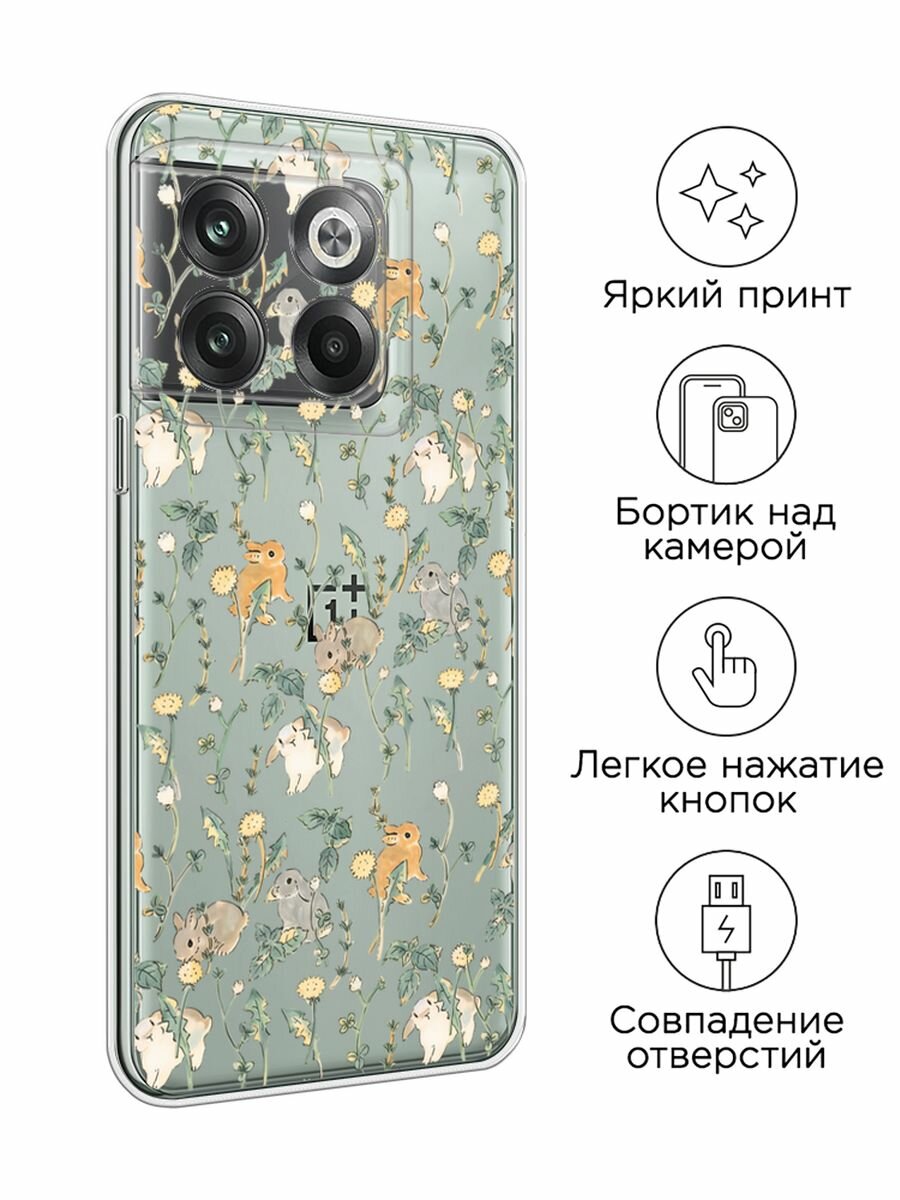 Чехол на OnePlus 10T / Ван плюс 10T с принтом "Кролики в одуванчиках", прозрачный — фото 1