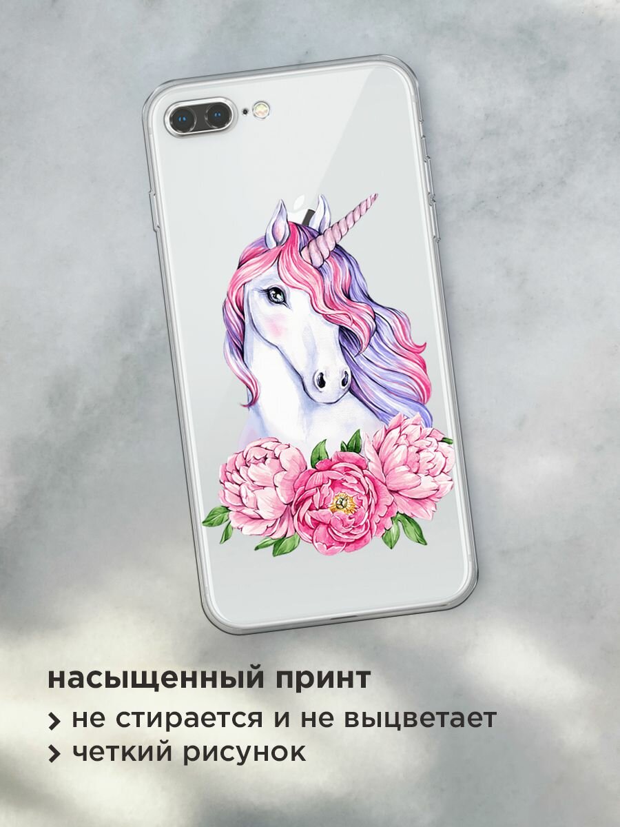 Чехол на Apple iPhone 7 Plus / Айфон 7 Плюс с принтом "Единорог с пионами", прозрачный — фото 1
