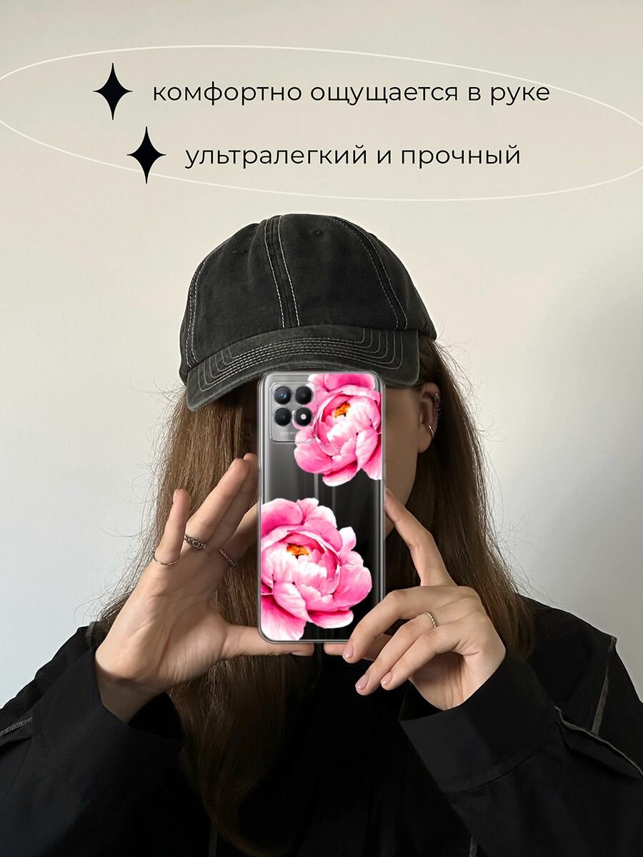 Чехол на Realme 8i / Реалми 8i с принтом "Open peonies", прозрачный — фото 1