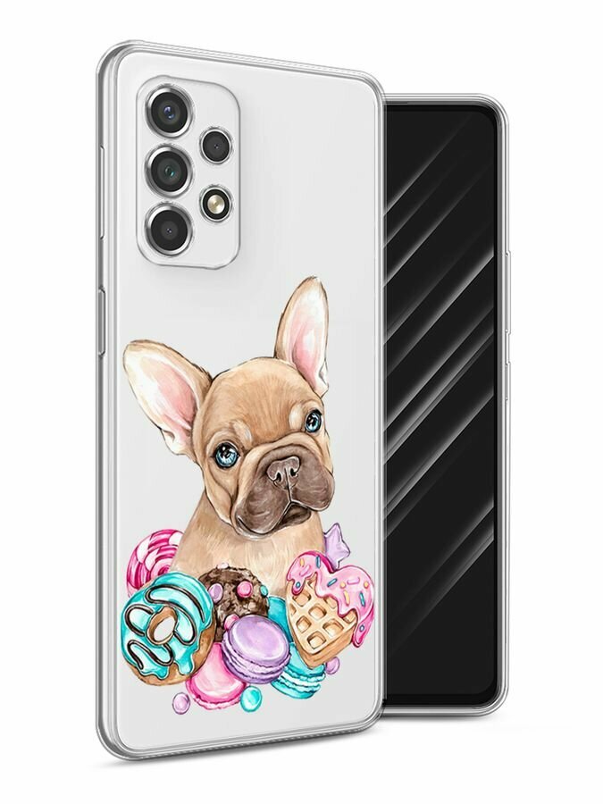 Чехол на Samsung Galaxy A53 / Самсунг Галакси А53 с принтом "Бульдог и сладости", прозрачный