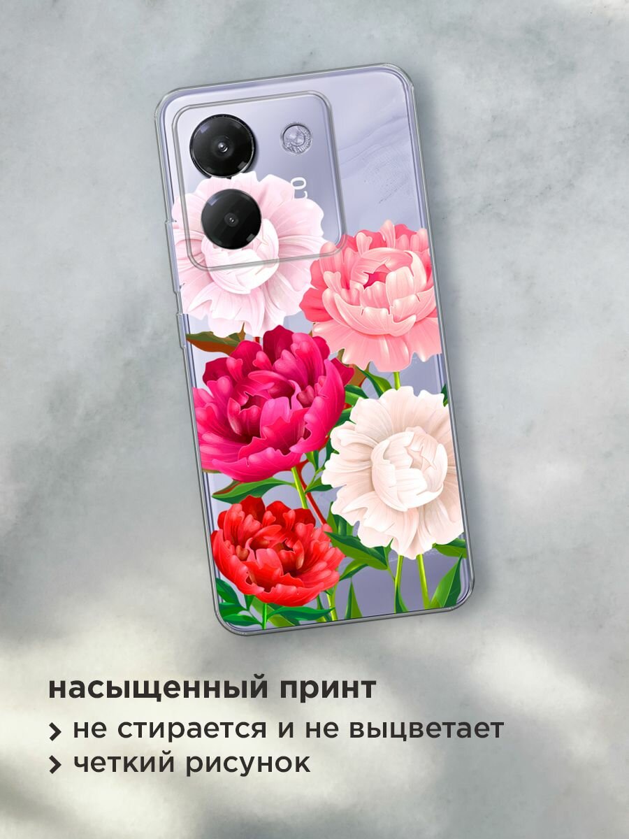 Чехол на Poco M7 Pro / Поко М7 Про с принтом "Большие пионы", прозрачный — фото 1