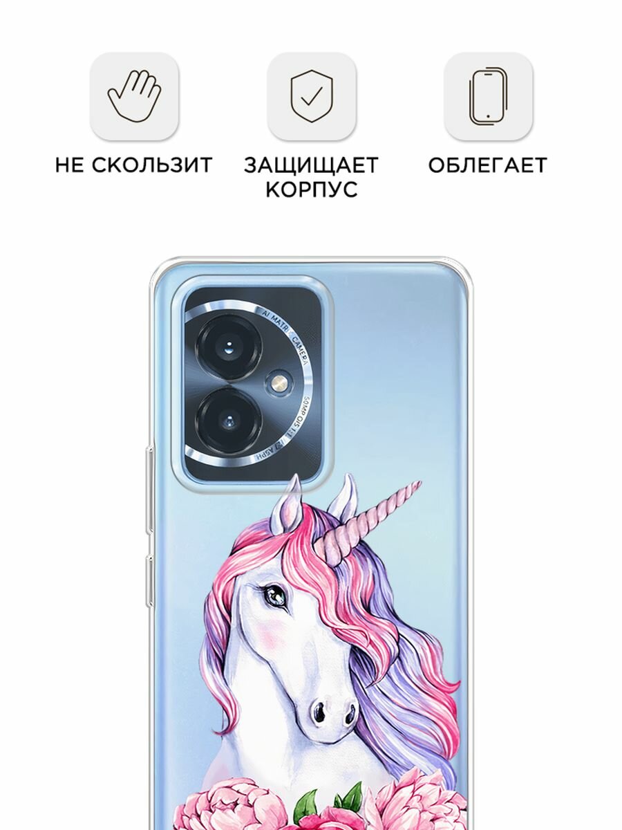 Чехол на Honor 100 / Хонор 100 с принтом "Единорог с пионами", прозрачный — фото 1