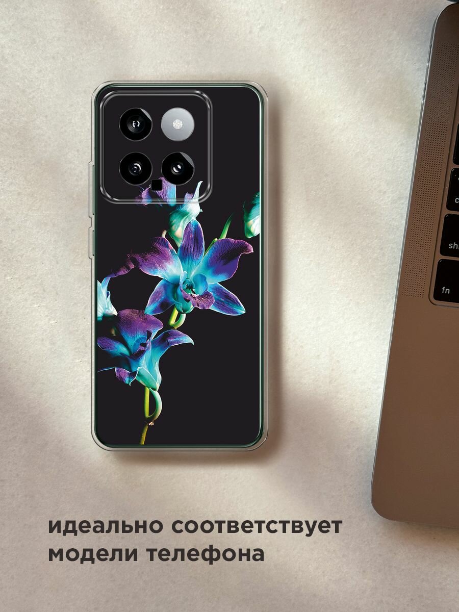 Чехол на Xiaomi 14 / Сяоми 14 с принтом "Синий цветок на черном" — фото 1