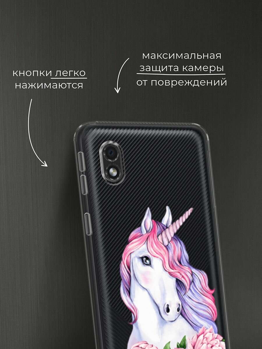 Чехол на Samsung Galaxy A01 Core / Самсунг Галакси А01 Core с принтом "Единорог с пионами", прозрачный — фото 1